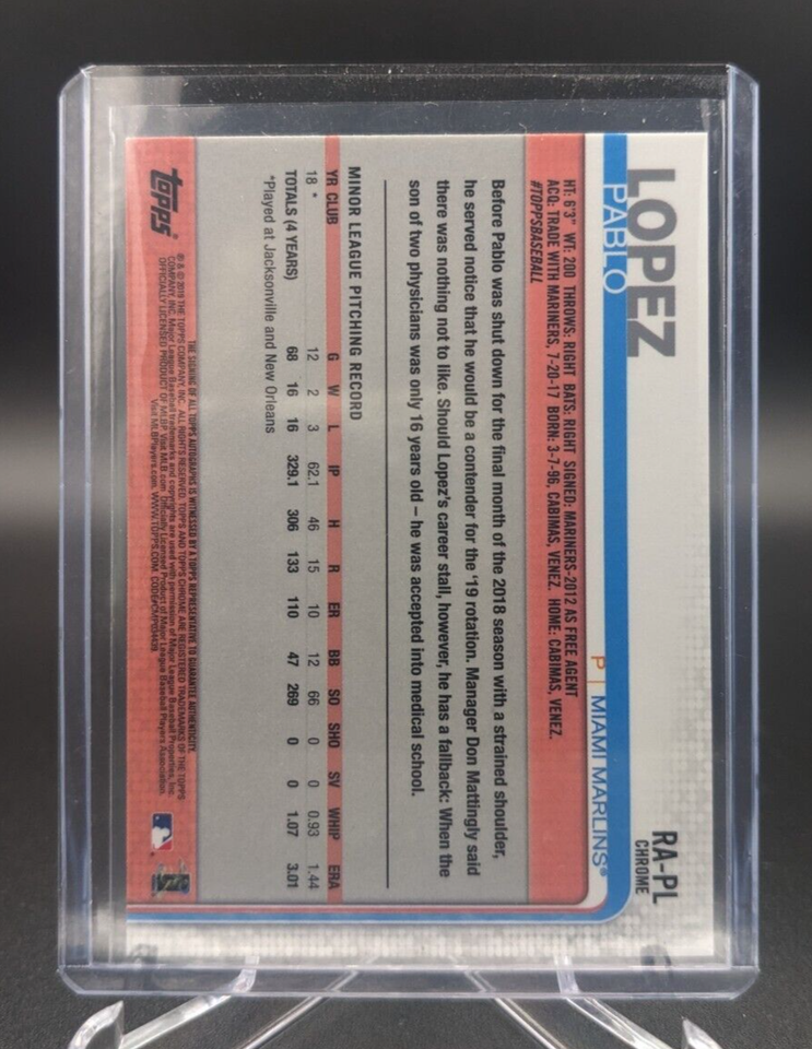 2019 Topps Chrome Baseball Pablo Lopez Rookie Auto, RC, Marlins, Twins ...