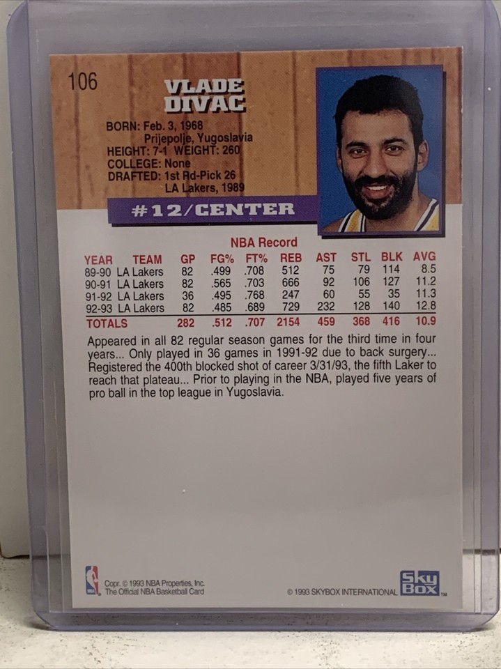 1993-94 NBA Hoops Basketball Card Vlade Divac Los Angeles Lakers #106 ...