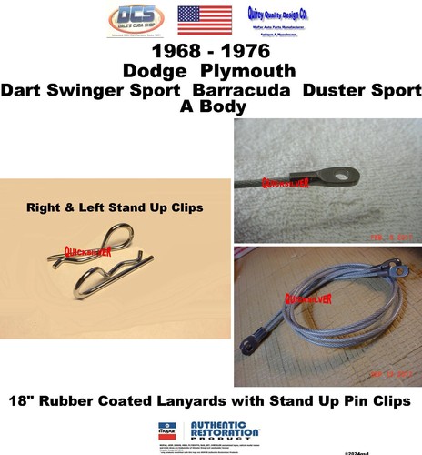 1968 76 Dart Duster 18" Hood Pin Lanyard Kit w stand up Clips New MoPar ...