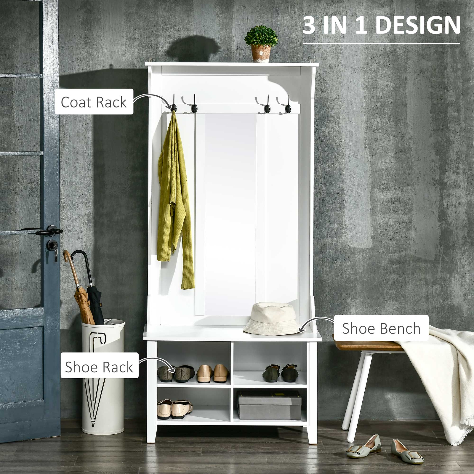 Hallway Furniture Set Shoe Bench Storage Mirror Cabinet Coat Rack w/ 4 ...
