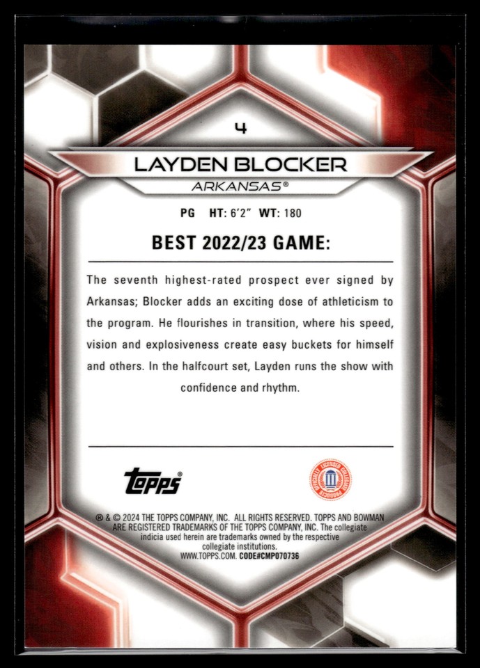 Layden Blocker 2023-24 Bowman Best University Blue Refractor Card /150 ...