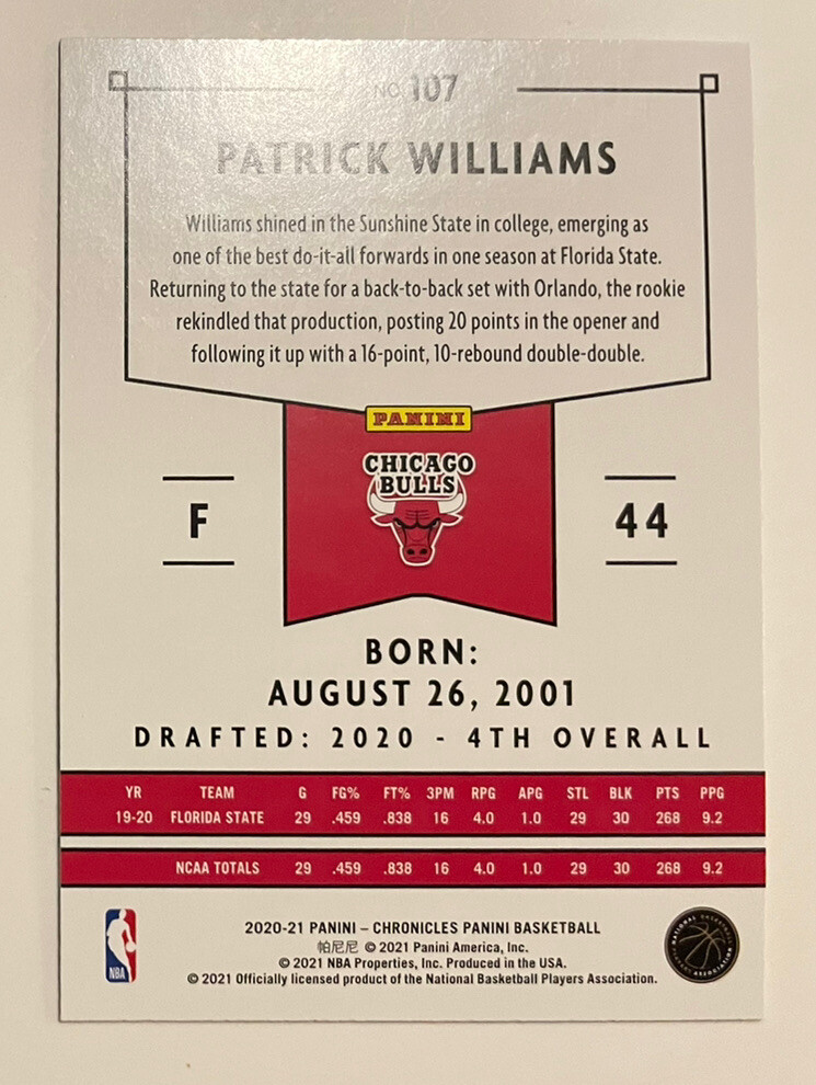 2020-21 Panini Chronicles Patrick Williams Rookie Card RC #107 PF ...