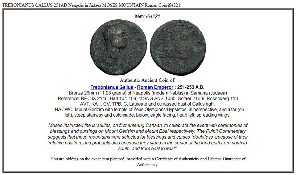 TREBONIANUS GALLUS 251AD Neapolis in Judaea MOSES MOUNTAIN Roman Coin ...