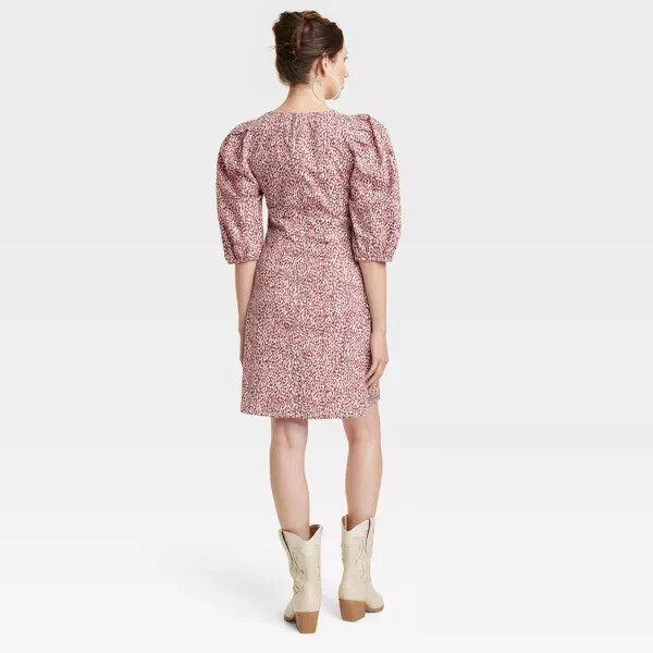 Women's Elbow Puff Sleeve Ruched Mini Dress Universal Thread Pink Size ...