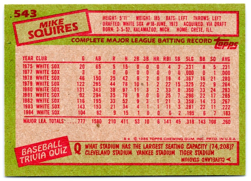 MIKE SQUIRES 1985 TOPPS 85 NO 543 NRMINT+ 33438 | eBay
