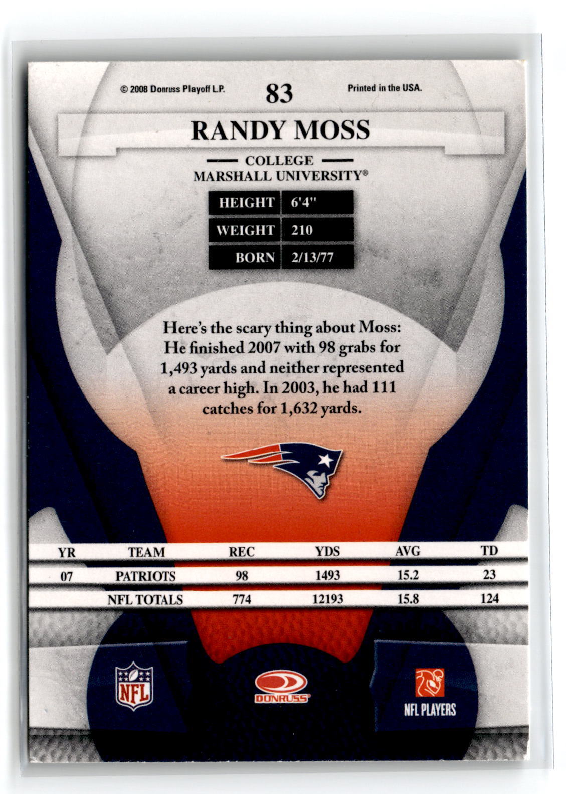 2008 Donruss Certified #83 Randy Moss New England Patriots BK004 | eBay