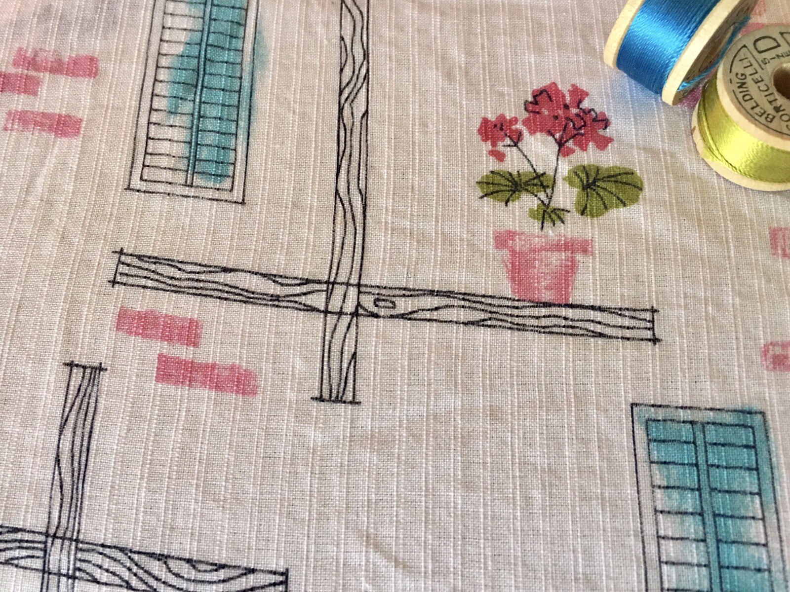 Antique Art Deco Geranium Floral Shutters Dimity Cotton Fabric ~ Blue ...