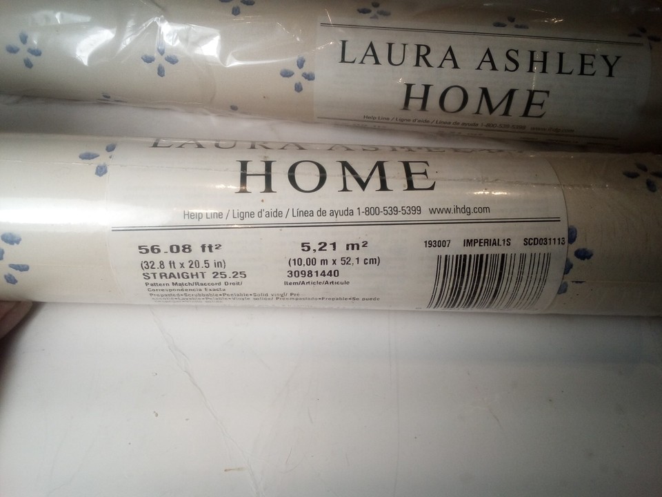 Vtg 2 Rolls Laura Ashley Home Blue Stamped Oblong Dots Flower Pip ...