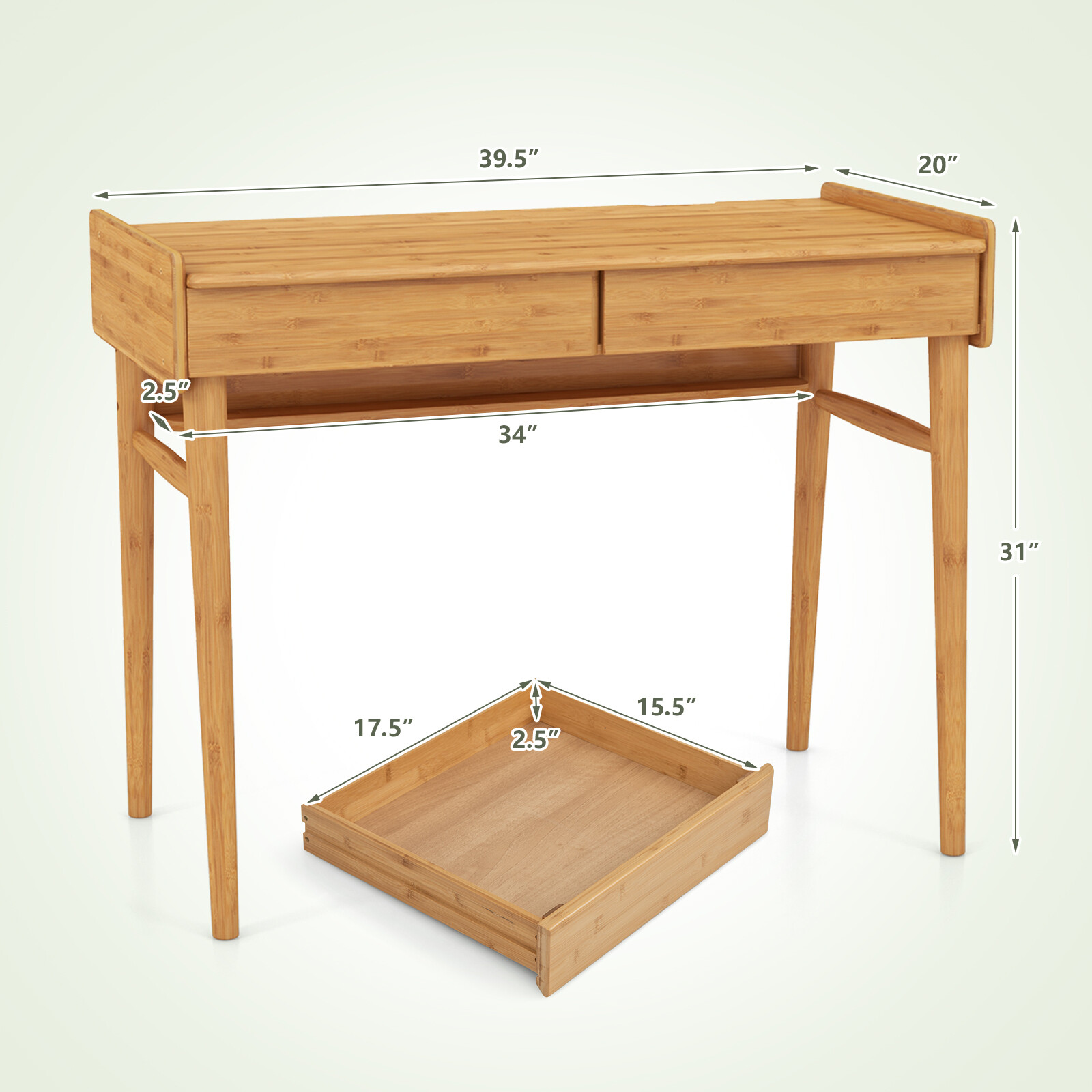 Bamboo Writing Desk 39.5" Computer Study Desk w/ 2 Storage Drawers ...