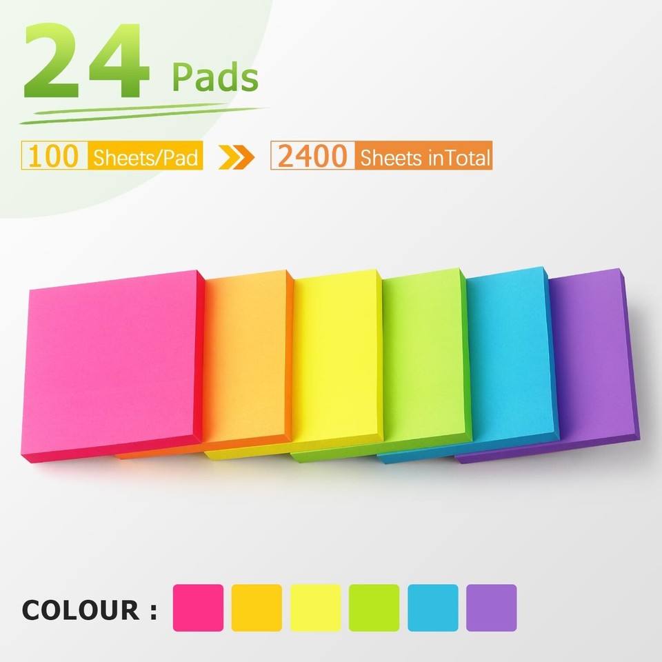 Sticky Notes 3x3 inch Bright Colors Self-Stick Pads 24 Pads/Pack 70 ...