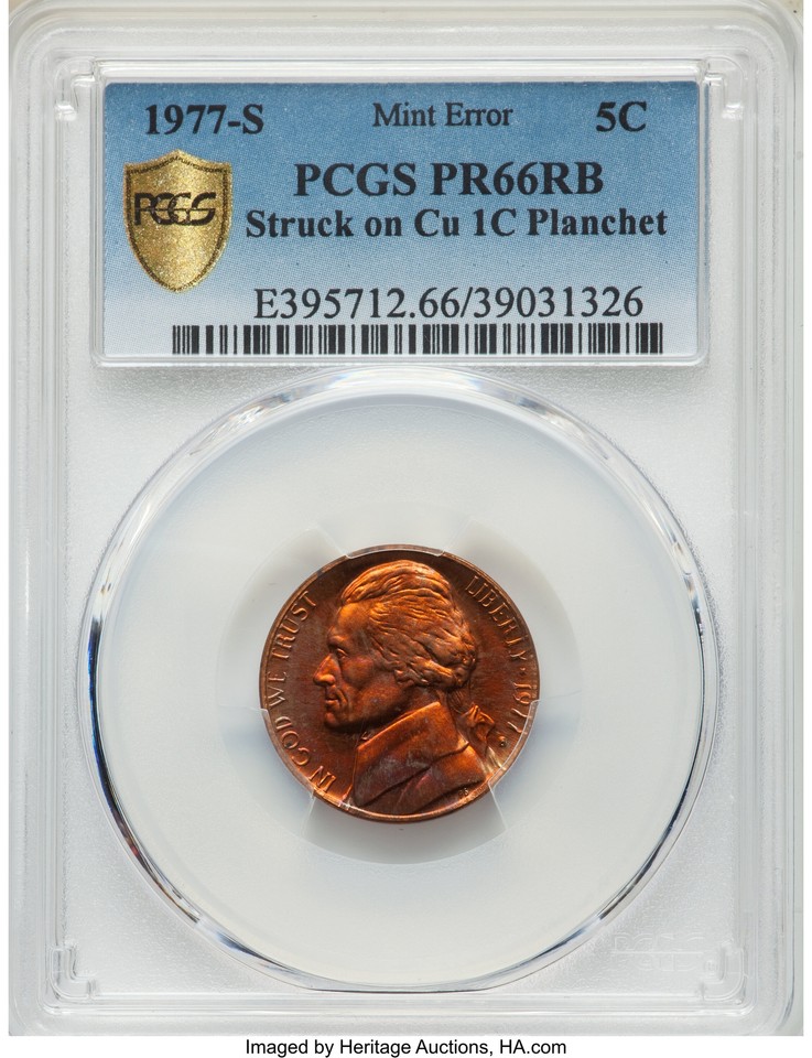 1977-S MINT ERROR 5C PCGS PR66RB STRUCK ON A CU 1C PLANCHET | eBay