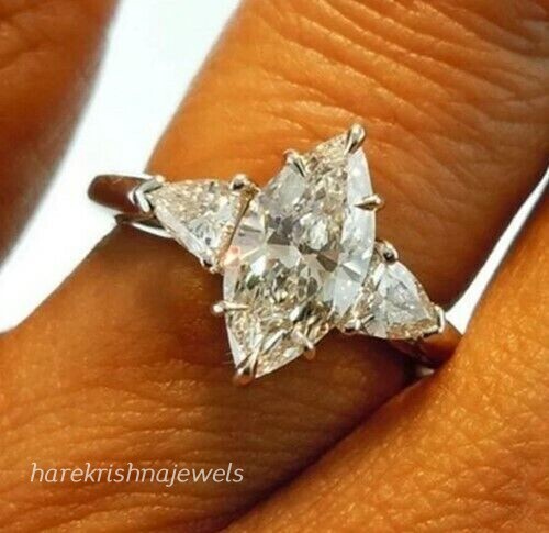4CT Marquise Cut Lab-Created Diamond 3-Stone Engagement Ring 14K White ...