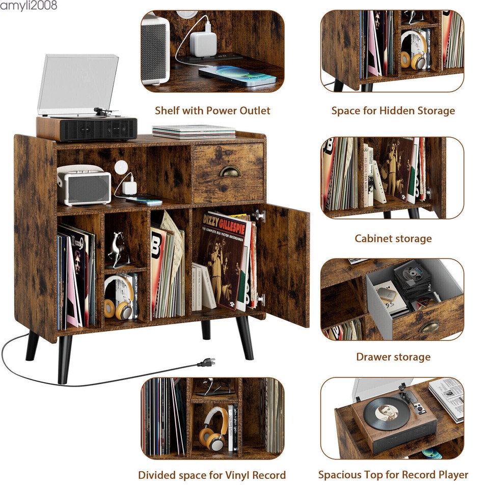 CD Record Player Stand Album Storage Cabinet Turntable Table with Power ...
