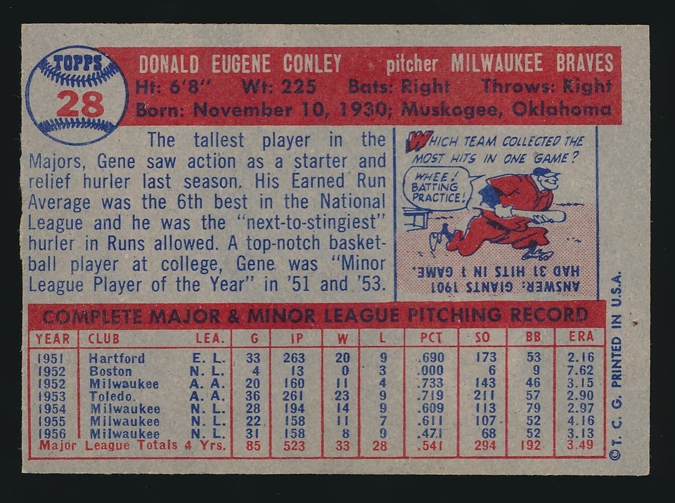 1957 Topps #28 GENE CONLEY (Milwaukee Braves) d.2017 *AUTOGRAPHED ...