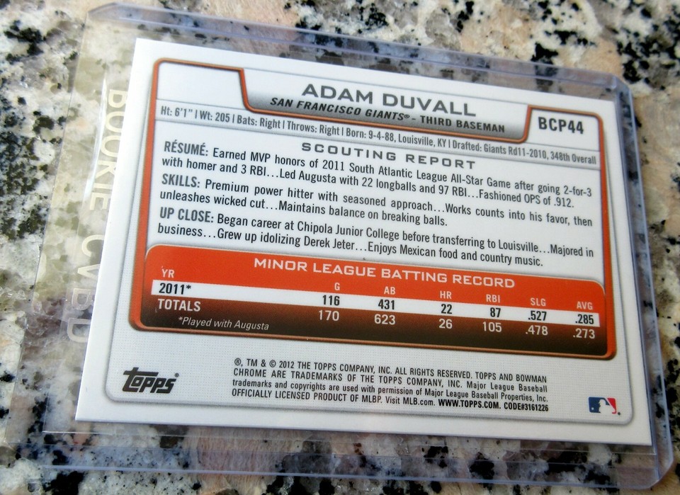 ADAM DUVALL 2012 Bowman CHROME 1st Rookie Card RC Atlanta Braves WS ...