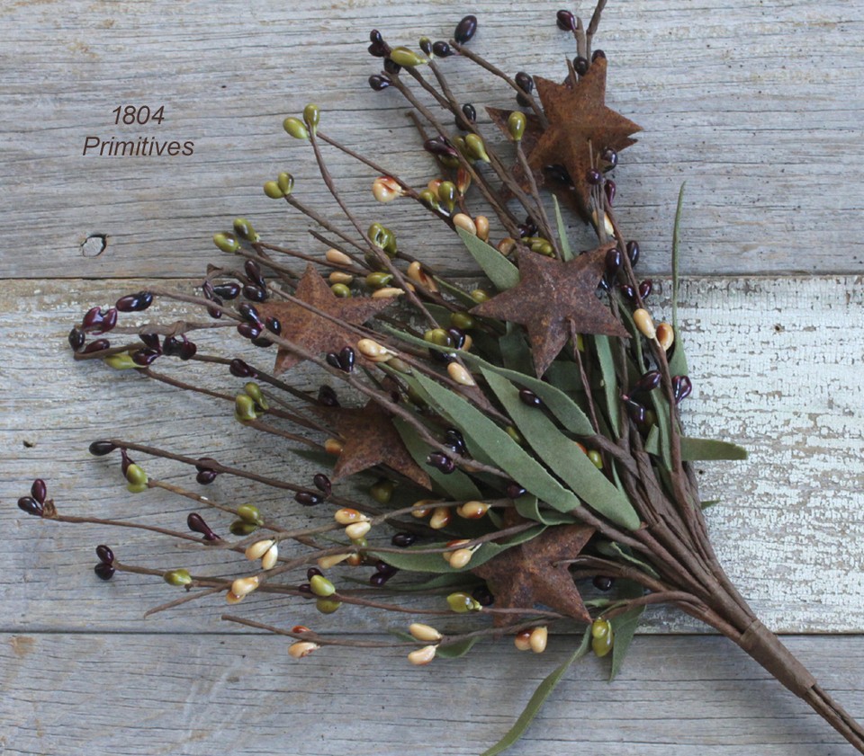 12" Leafy Pip Berry Pick w/Rusty Stars - Dark Burgundy, Olive, Gold ...