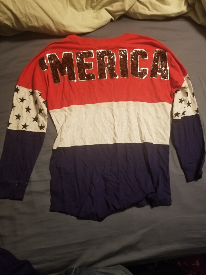 Victoria's Secret Pink 'Merica Sequin Bling Red Gray Blue Varsity Crew ...