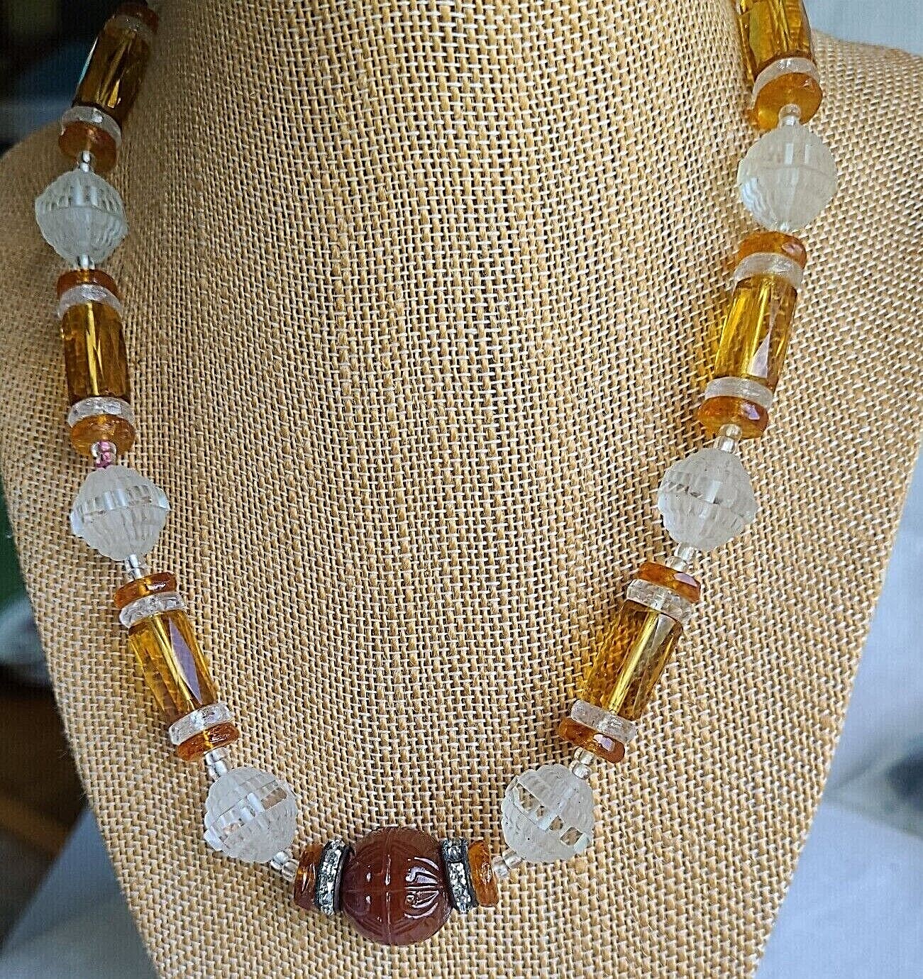 Vintage Camphor Glass Bead Rhinestone Necklace Amber … - Gem