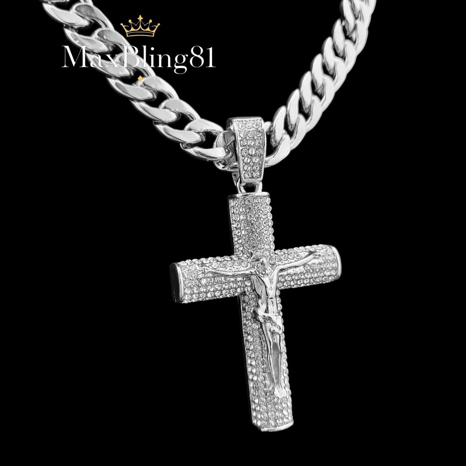 Crucifixion of Jesus Cross CZ Religious Pendant 10mm Thick Cuban Chain ...