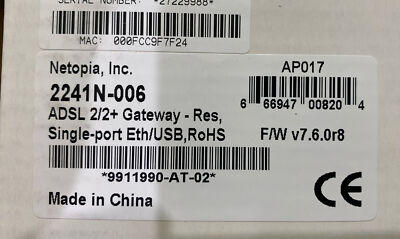Netopia 2241N-006 ADSL 2/2+Gateway - Res, Single-Port Eth/USB Modem NIB ...