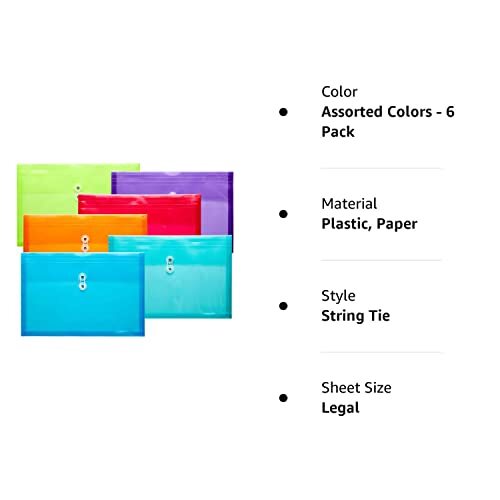 6Pcs Plastic Legal Size Envelopes File Folders w/ Button & String Tie ...