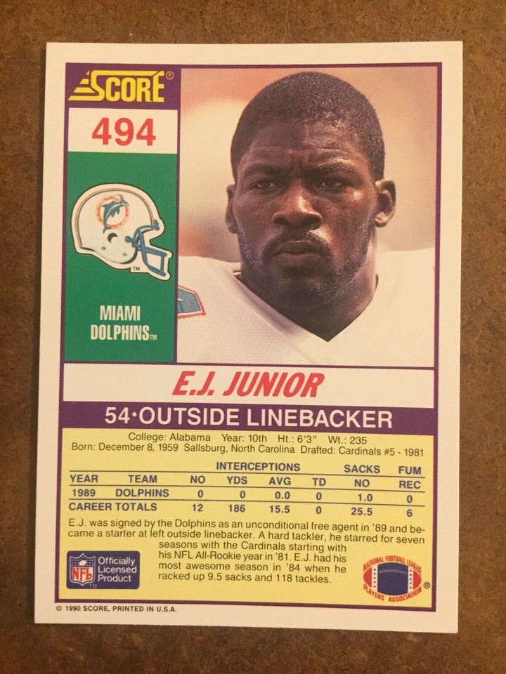 E J Junior 494 Score 1990 NFL Football Trading Card | eBay