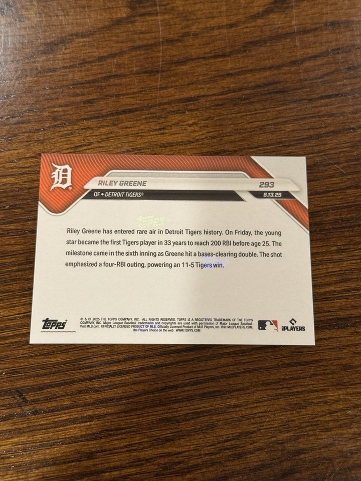 Riley Greene Tigers 200 RBI 2025 MLB Topps NOW Card 293 Gold Foil /50 ...