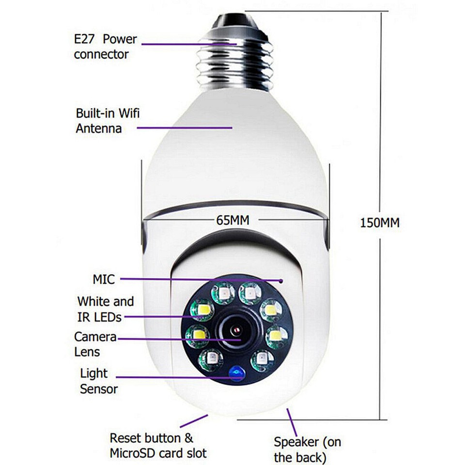 360° 1080P IP E27 Light Bulb Camera Wi-Fi IR Night Smart Home Wireless ...