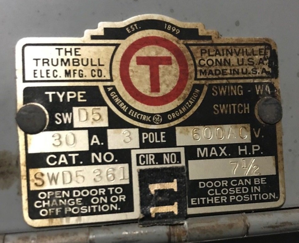 TRUMBULL ELECTRIC SWD5 361 FUSIBLE PANEL SWITCH 600VAC, 30AMP, 3 POLE ...