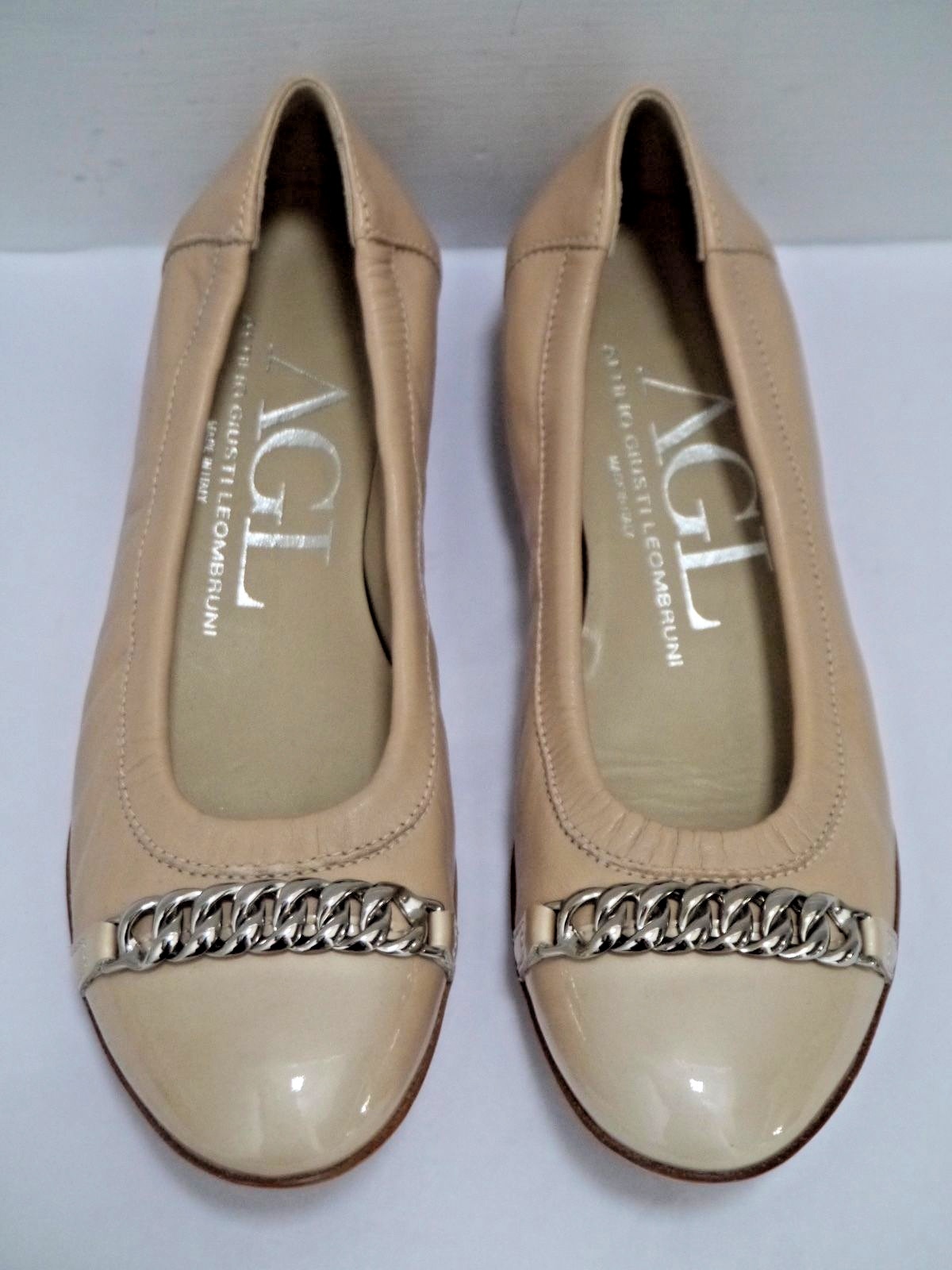 NEW AGL ATTILIO GIUSTI LEOMBRUNI beige leather chain detail ballet ...