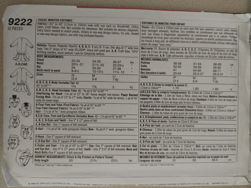 Simplicity Pattern 9222 Toddler Kids Monster Halloween Costumes Sizes 3 ...