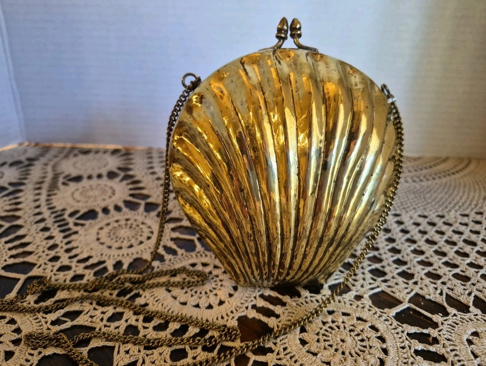 Vintage Art Deco Style Solid Brass Gold Tone Metal Clam Shell Kiss Lock ...