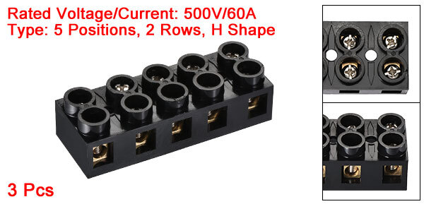 3pcs Terminal Block 500V 60A Dual Row 5 Positions Screw Electric ...