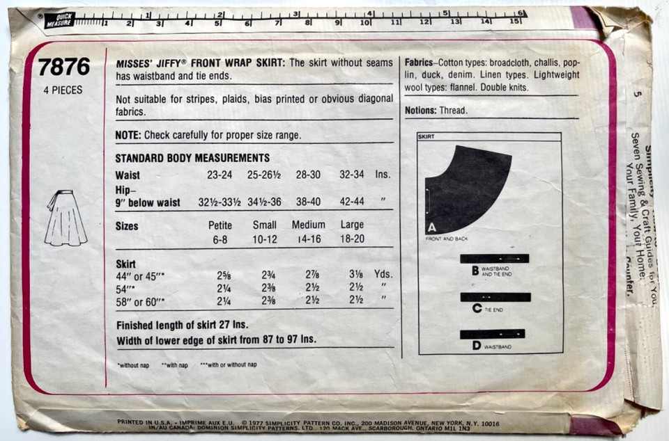 Vintage Simplicity 7876. 1970's Wrap Skirt. Sz 6-8, W 23-24. OOP | eBay
