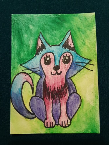 Original ACEO colorful cartoon fox. Outsider OOAK | eBay