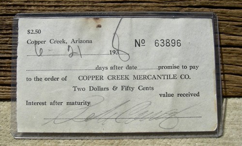 1930 COPPER CREEK ARIZONA (GHOST TOWN R9 book $100) MERCANTILE SCRIP 2. ...