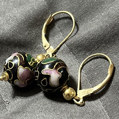 Vintage Estate 14K ZZ 585 Yellow Gold Dangle Cloisonne Ball Earrings ...