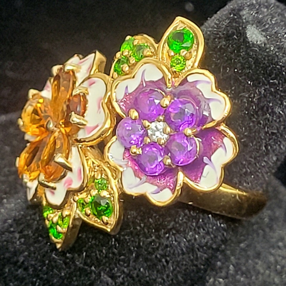 STS Chuck Clemency 925 Multi Gemstone Enamel Flower Gold Tone Ring | eBay