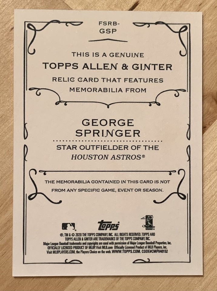 2020 Allen Ginter George Springer FSRB-GSP Full Size Relic Bat Houston ...