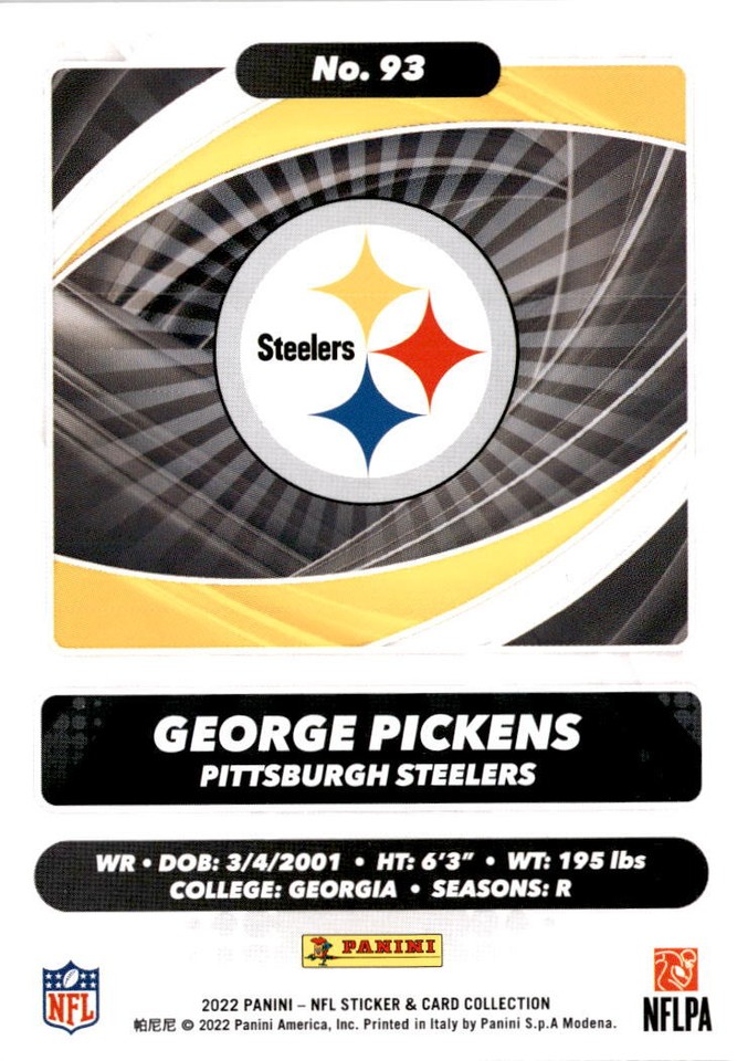 2022 Panini Sticker #93 George Pickens Cards Pittsburgh Steelers | eBay