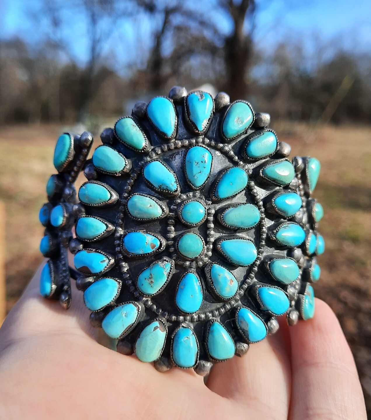 Old Pawn Sterling Silver Carved Turquoise Cluster Cuff Bracelet Big Vtg ...