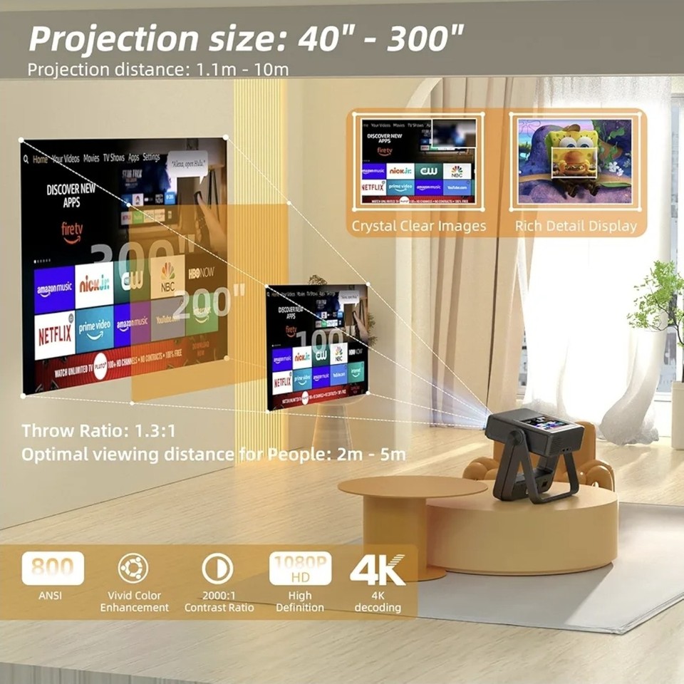XBJ 4K Home Theater Projector Touch Screen WiFi 6 Bluetooth 5.4 800 ...
