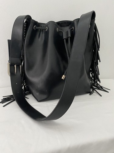 Uterque Black Leather Fringe Drawstrings Bucket Shoulder Handbag | eBay