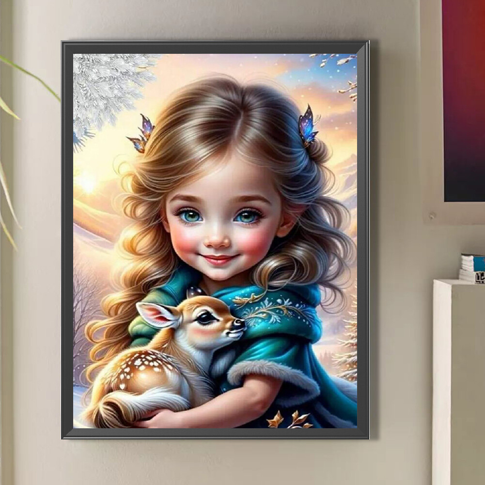 5D DIY Full Round Drill Diamond Painting Cute Girl with Deer Home Decor ...