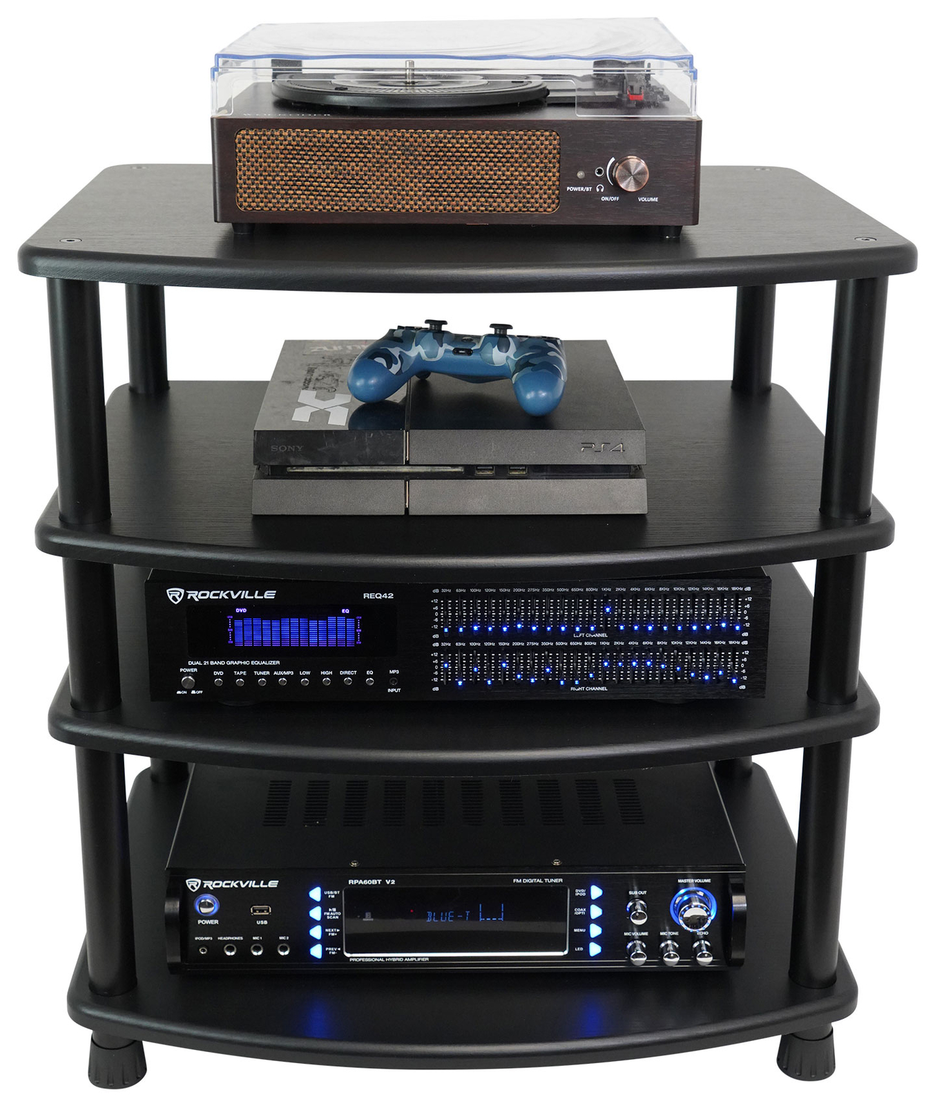 Rockville FLX BLACK Adjustable Height 4 Shelf Home Theater A/V Audio ...