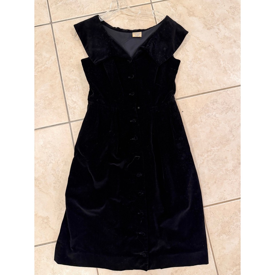 Vintage 50's Black Velvet Button Front Dress Off Shoulder Collar | eBay