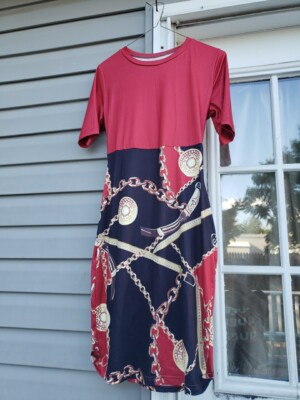 Chain Print Dress Women Junior Size Medium Short-Sleeve Belted Red ...