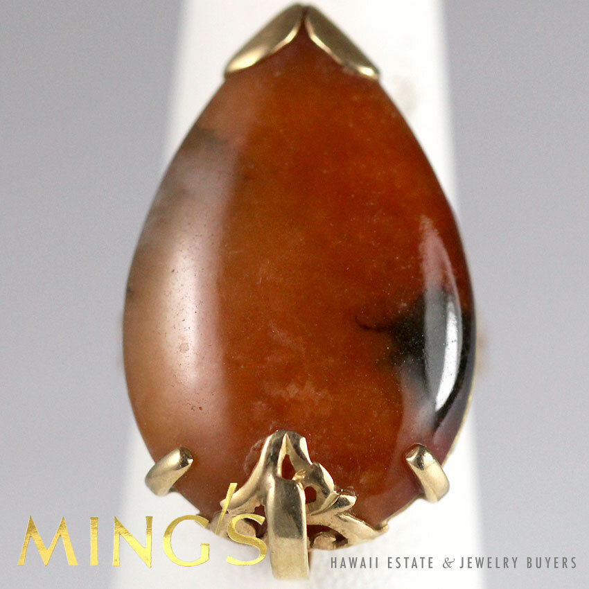 VINTAGE MING'S HAWAII BROWN JADE 14K YELLOW GOLD RING SIZE 3.25 | eBay