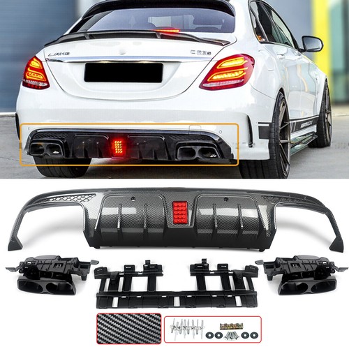 FOR 15-21 BENZ W205 C63 C43 SEDAN B STYLE LED BUMPER DIFFUSER + BLK ...