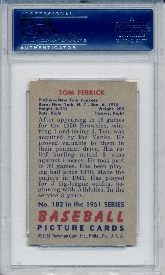 1951 Bowman TOM FERRICK Signed Card 182 Auto Slabbed Yankees RC Red ...